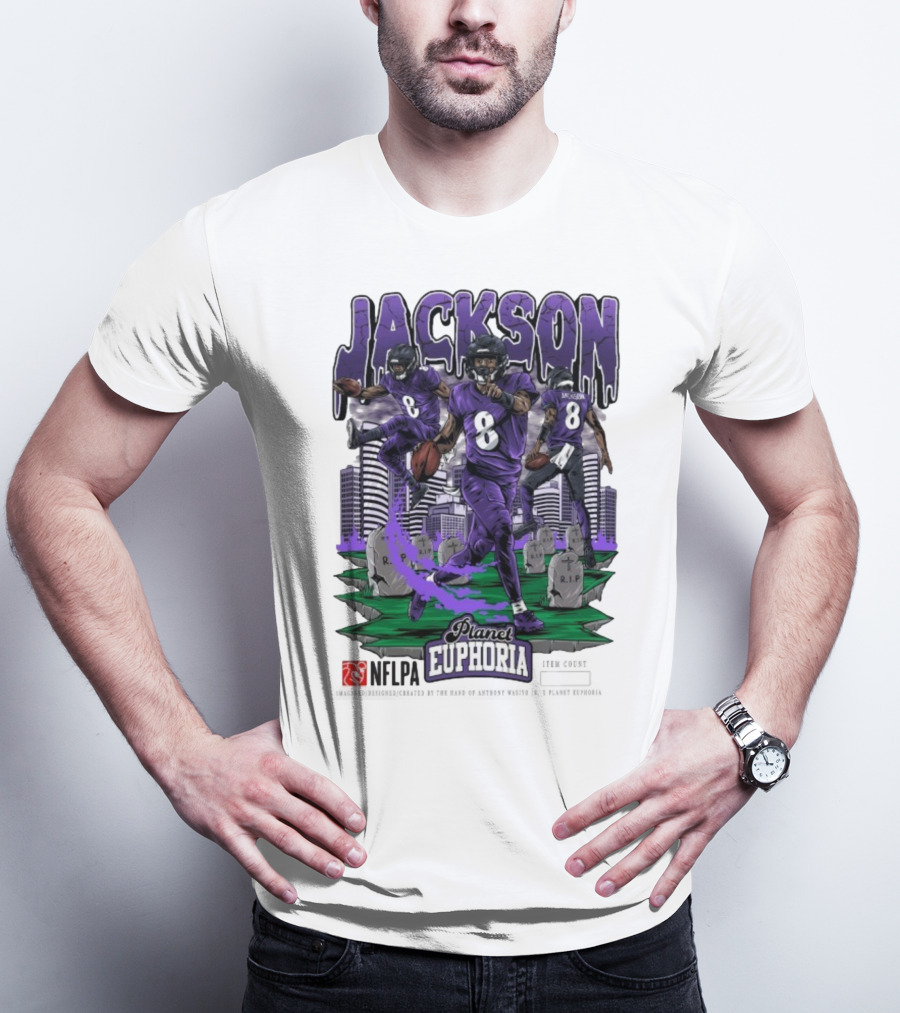 Lamar Jackson NFLPA Planet Euphoria Purple Football Action T-Shirt