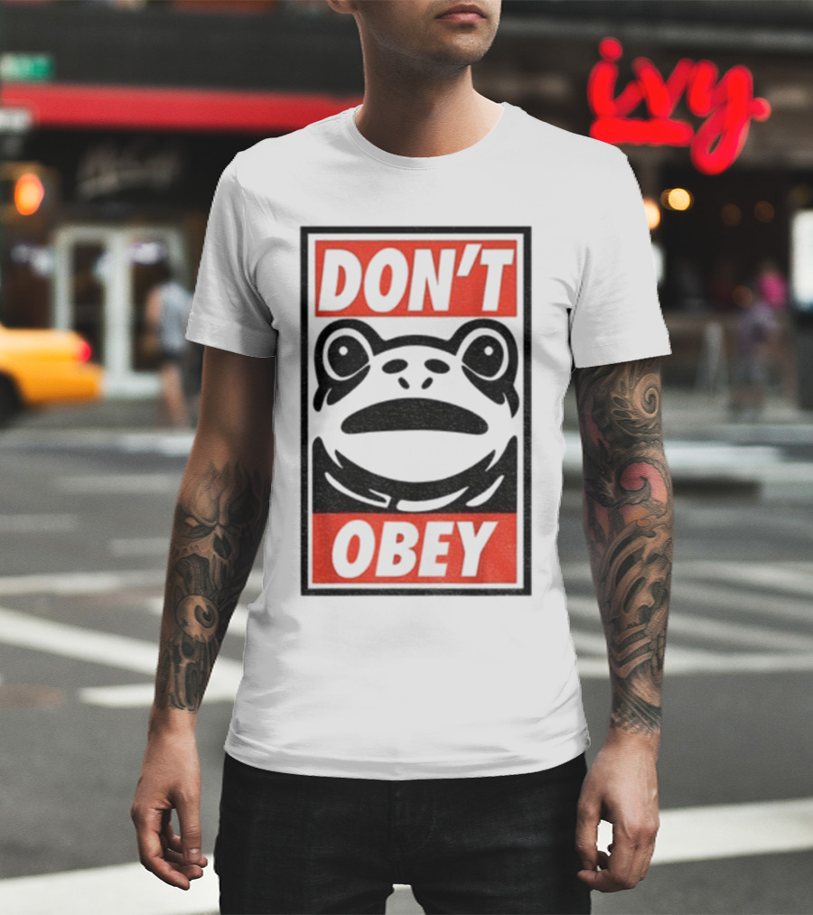 Portland Frog Don't Obey Red Black Text T-Shirt
