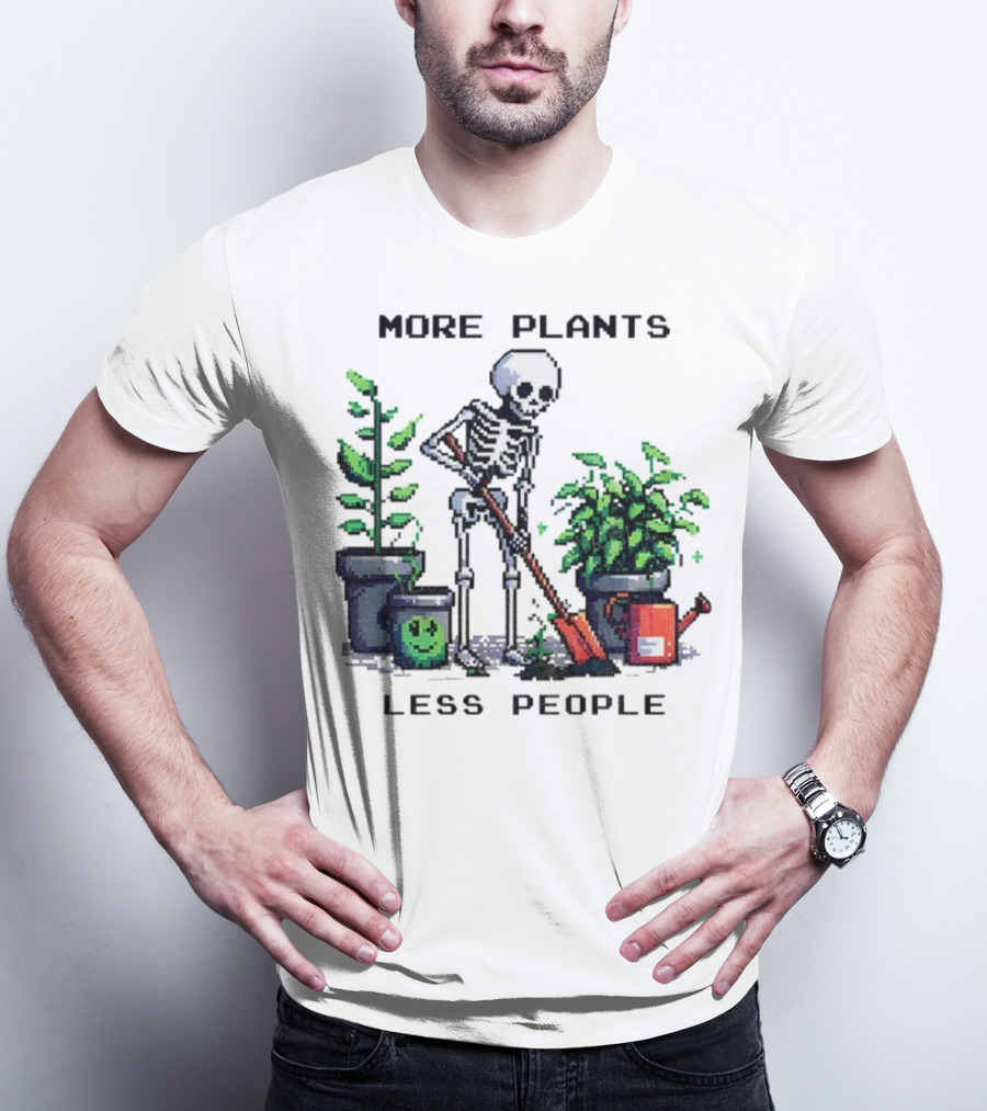Skeleton Gardening More Plants Less People Pixel Art T-Shirt