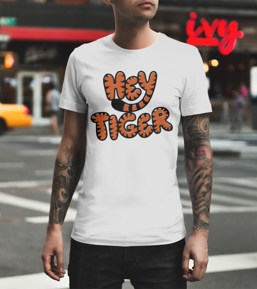 Cincinnati Bengals Hey Tiger Striped Bubble Letter Tiger Tail Pattern T-Shirt