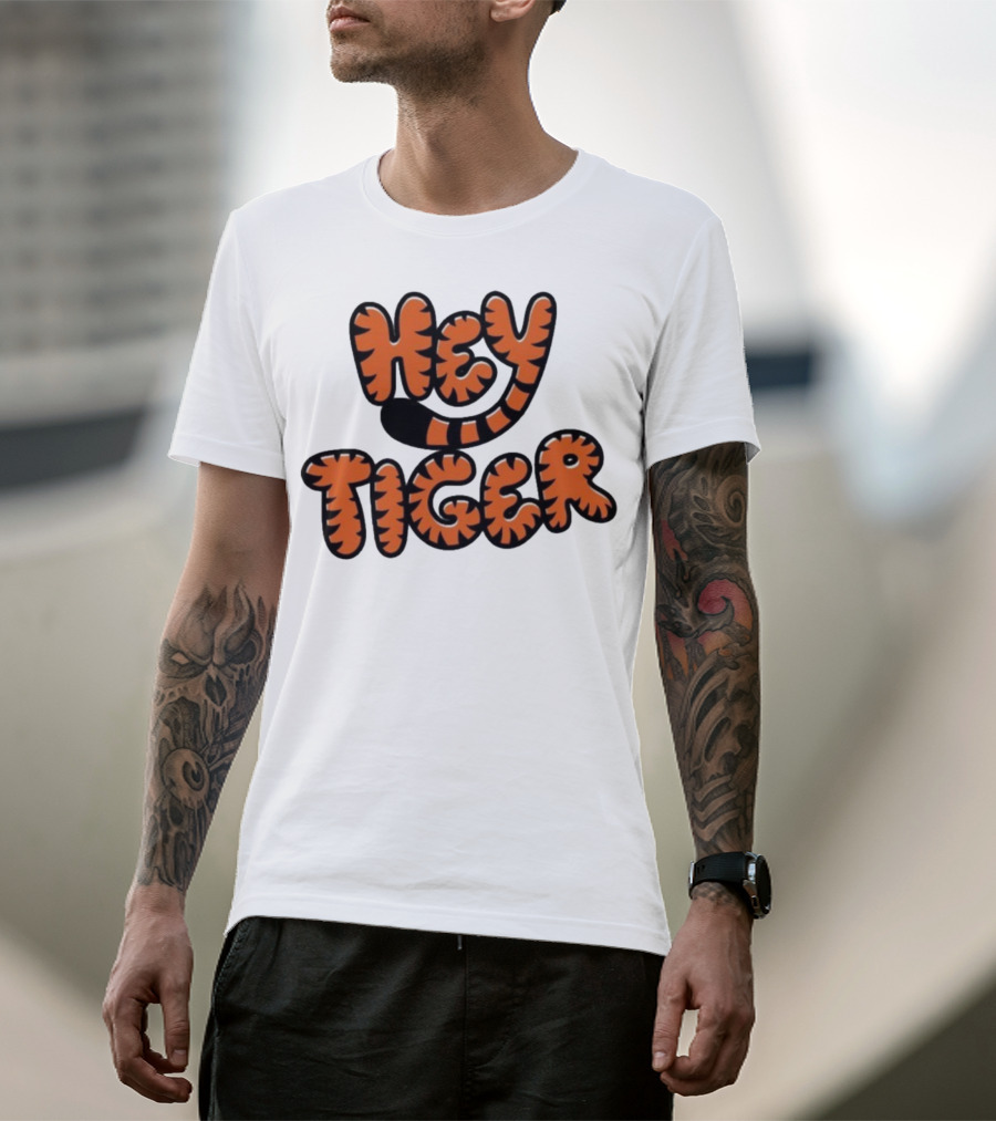 Cincinnati Bengals Hey Tiger Striped Bubble Letter Tiger Tail Pattern T-Shirt