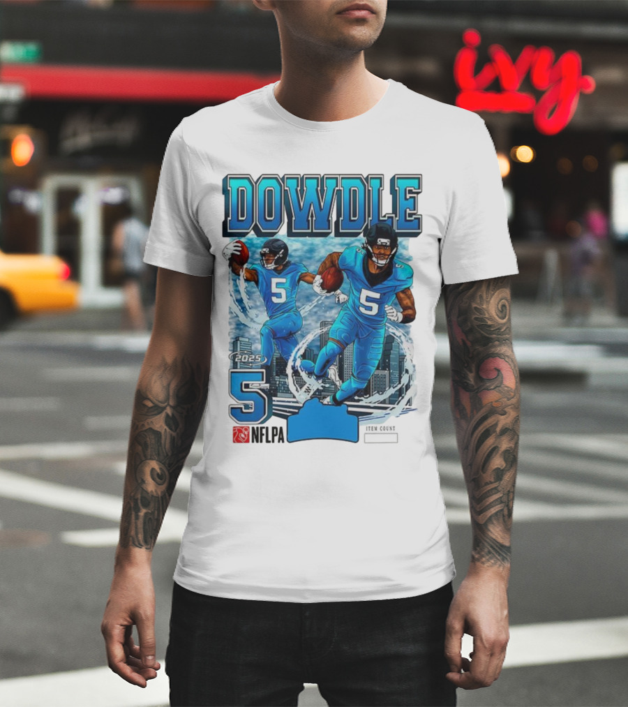 Rico Dowdle Carolina Panthers 2025 Number 5 Skyline NFLPA T-Shirt