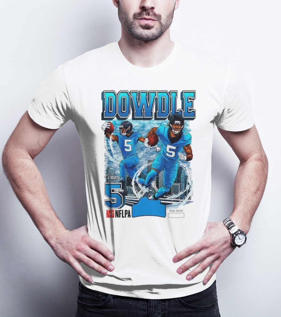 Rico Dowdle Carolina Panthers 2025 Number 5 Skyline NFLPA T-Shirt