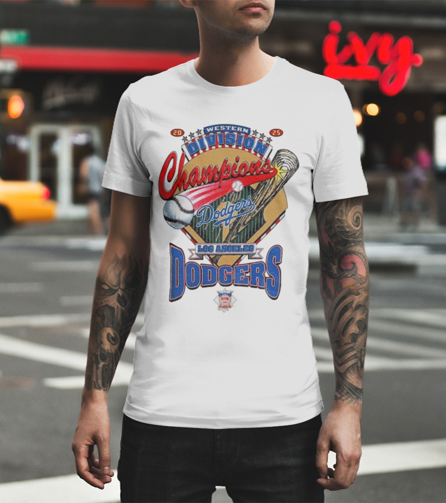 Los Angeles Dodgers 2025 Western Division Champions Baseball Bat And Ball T-Shirt