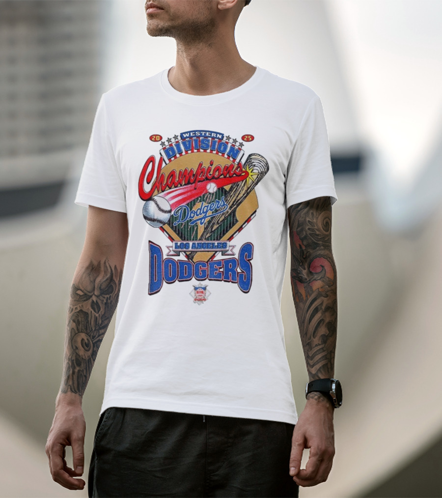 Los Angeles Dodgers 2025 Western Division Champions Baseball Bat And Ball T-Shirt