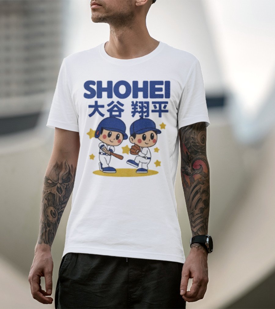 Shohei Ohtani Cartoon Baseball MLB Anime Style Kanji Stars T-Shirt
