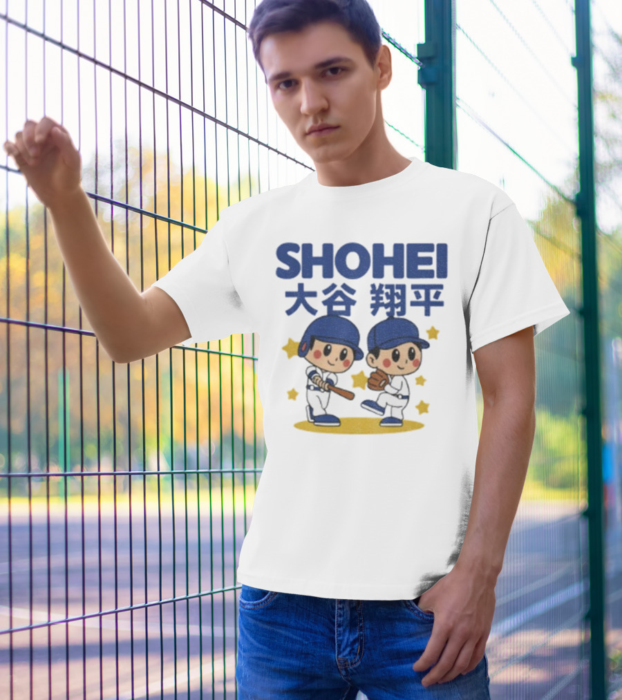 Shohei Ohtani Cartoon Baseball MLB Anime Style Kanji Stars T-Shirt