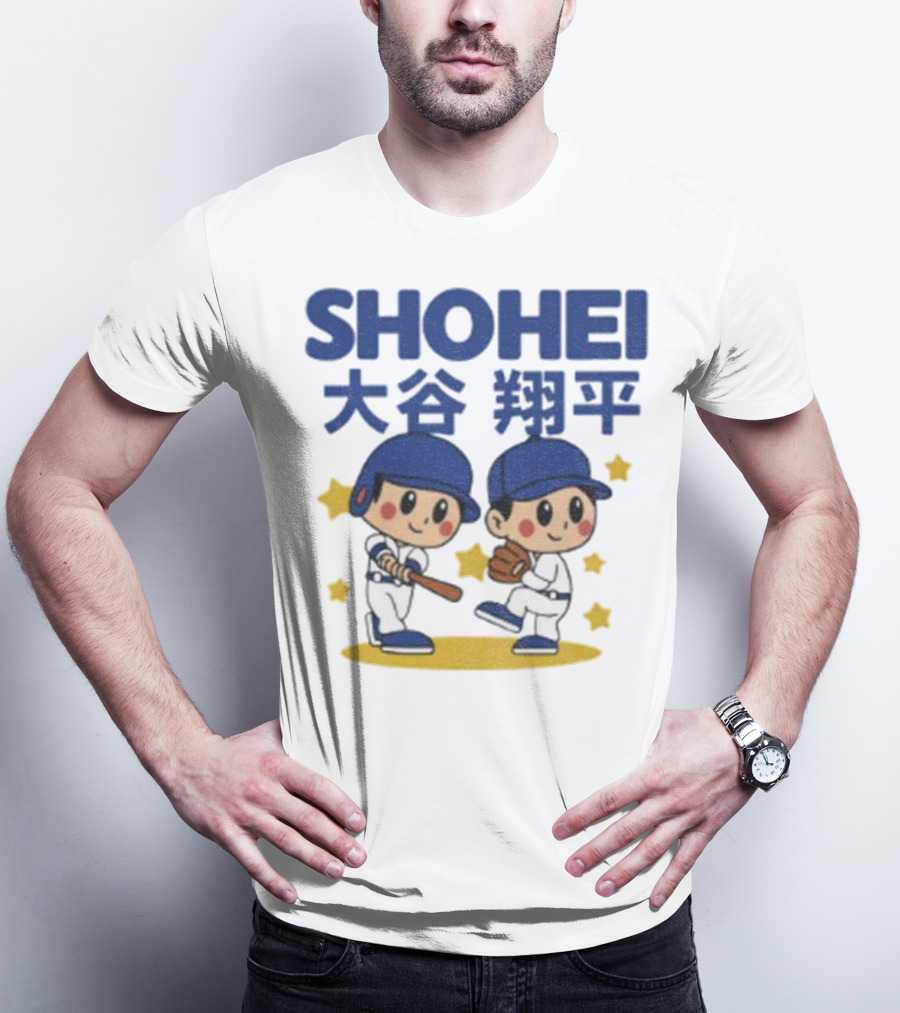 Shohei Ohtani Cartoon Baseball MLB Anime Style Kanji Stars T-Shirt
