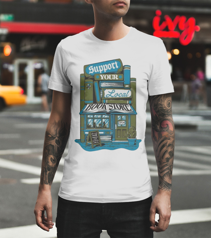 Support Your Local Bookstore Open Vintage Bookshelf Design T-Shirt