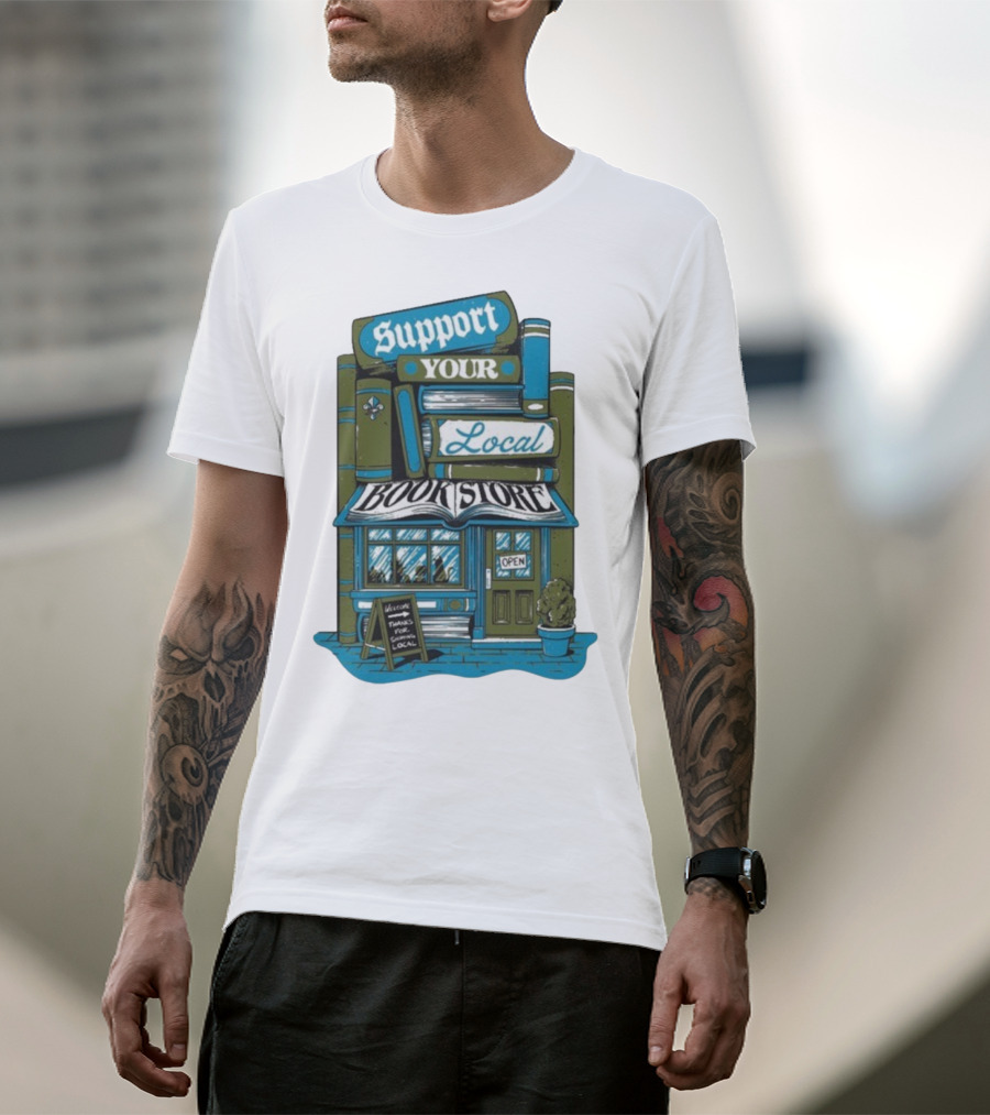 Support Your Local Bookstore Open Vintage Bookshelf Design T-Shirt