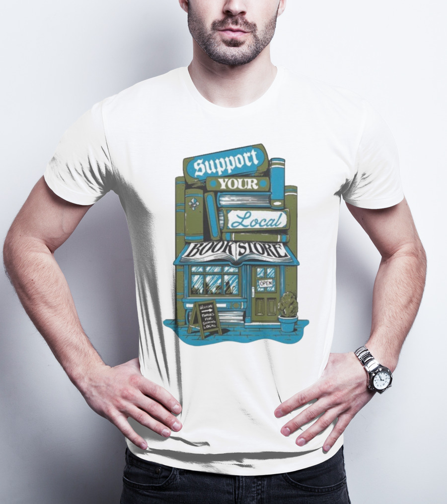 Support Your Local Bookstore Open Vintage Bookshelf Design T-Shirt