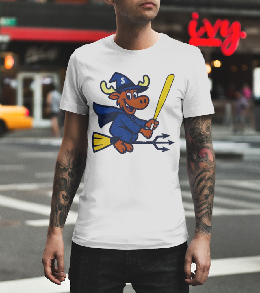 Etsy Moose Witch Seattle Mariners MLB Baseball Cartoon Trident T-Shirt