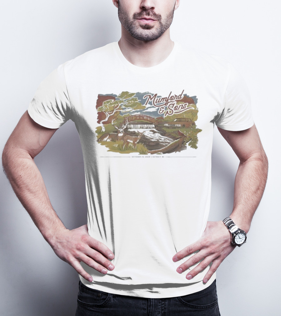 Mumford & Sons Little Caesars Arena Detroit MI October 20 2025 Deers Bridge And Stream Scene T-Shirt