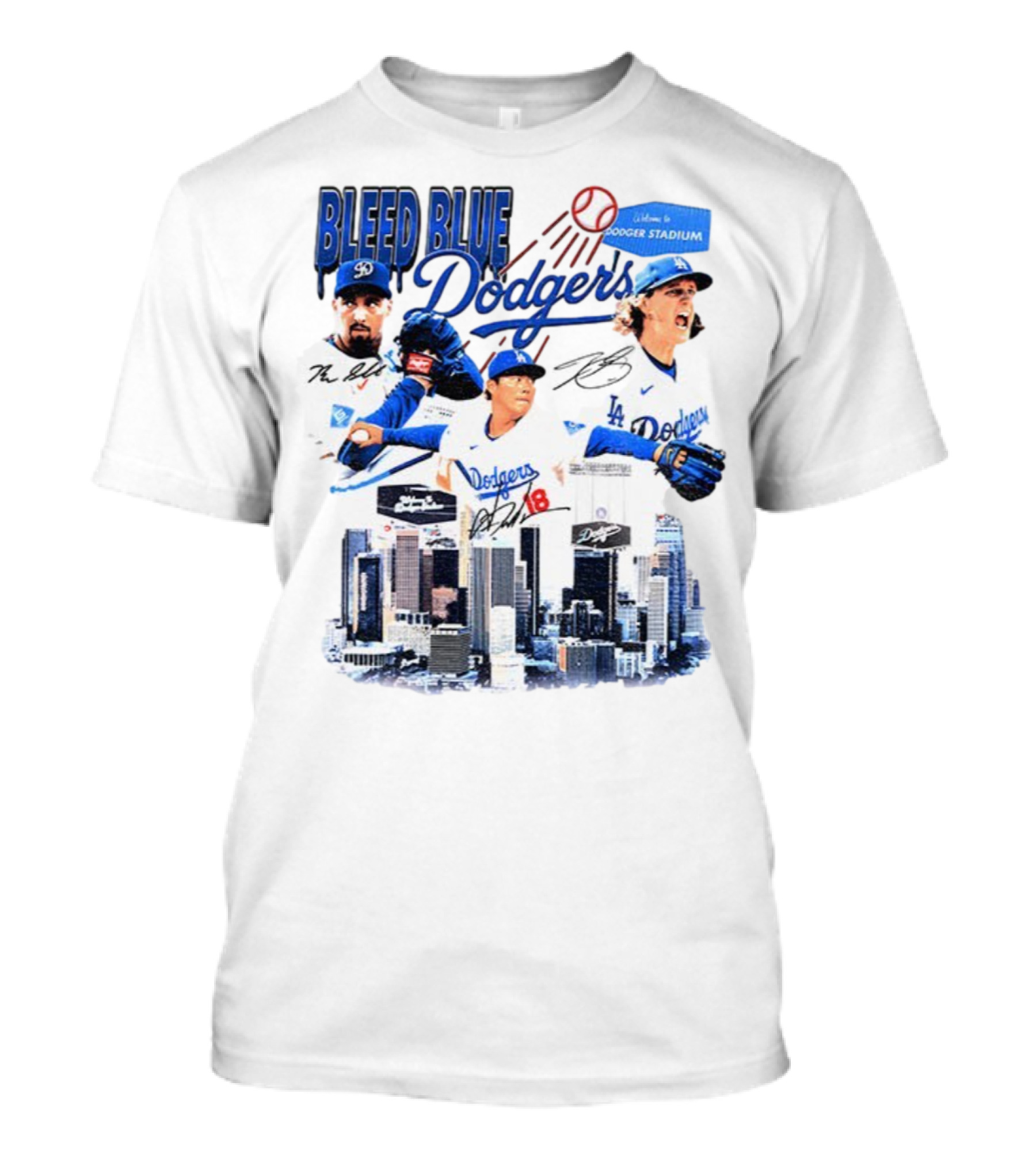 Bleed Blue Dodgers Shohei Ohtani Mookie Betts Yoshinobu Yamamoto Los Angeles Signatures Dodger Stadium T-Shirt