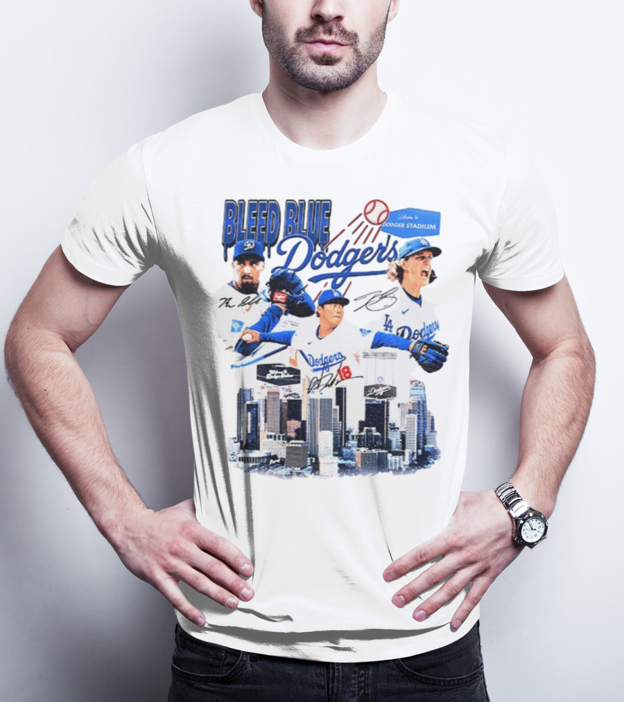 Bleed Blue Dodgers Shohei Ohtani Mookie Betts Yoshinobu Yamamoto Los Angeles Signatures Dodger Stadium T-Shirt