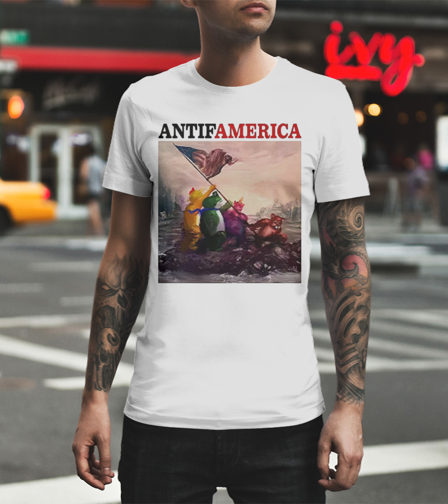 Antifamerica Portland Frog Parody Of Iconic Historical Scene With Bold Characters And Flag T-Shirt