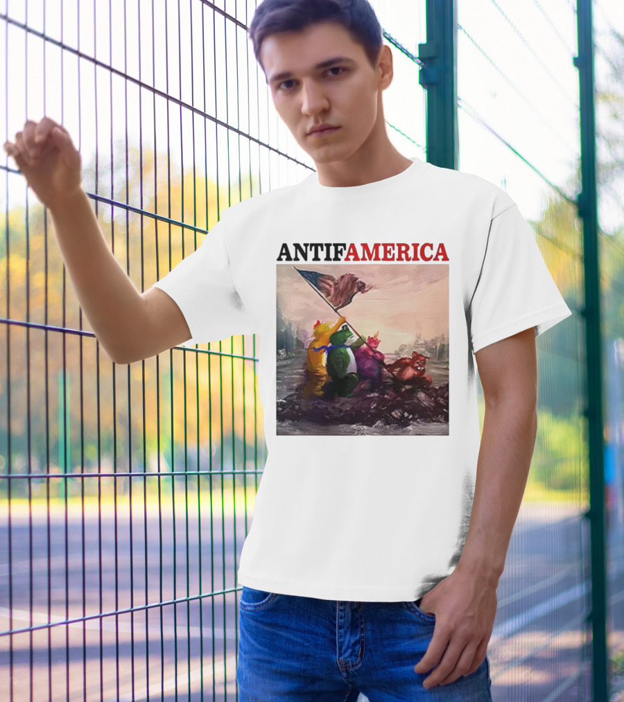 Antifamerica Portland Frog Parody Of Iconic Historical Scene With Bold Characters And Flag T-Shirt
