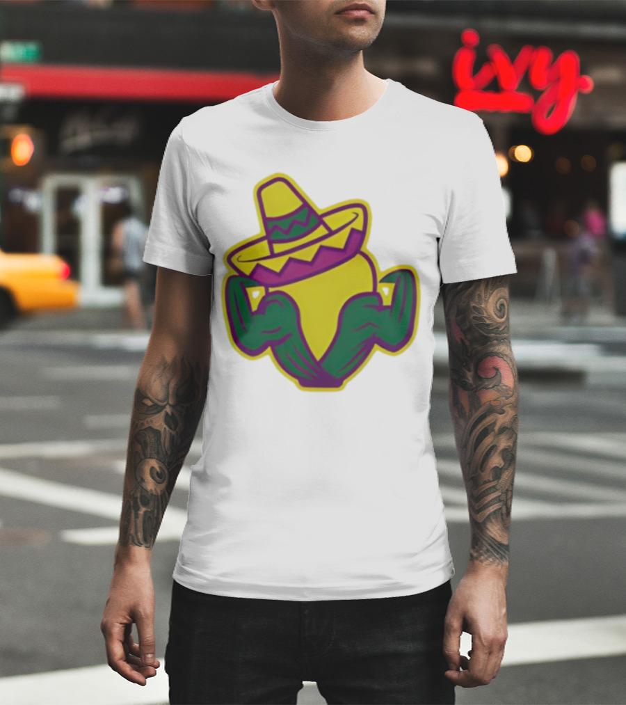 Cedar Rapids Kernels Corn Mascot In Sombrero Green And Yellow Design T-Shirt