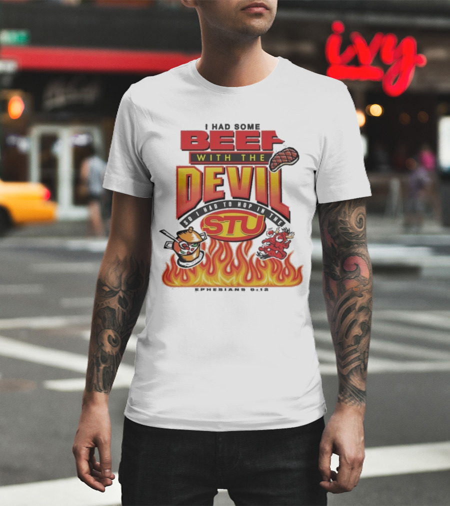 Mike Teezy Beef With The Devil STU Fire Text Graphics T-Shirt