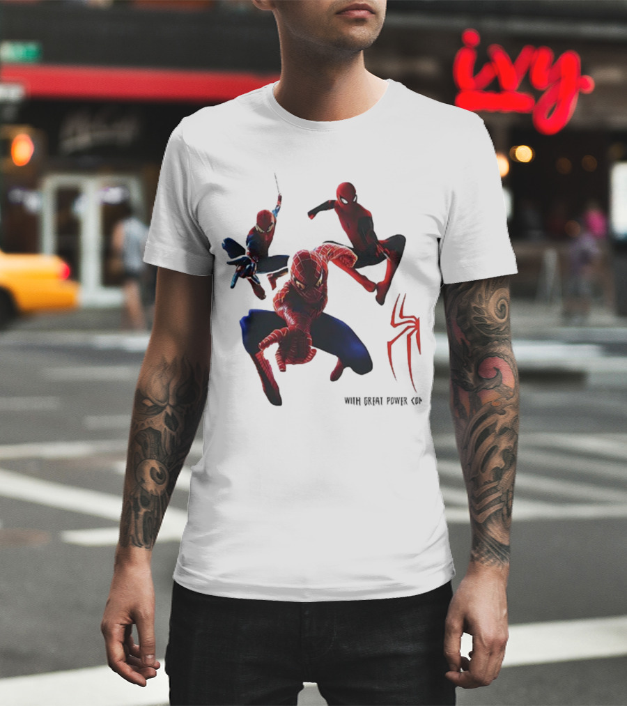 Spider Man Daily Bugle With Great Power Comes Great Responsibility Spider Logo Trio Suit Styles T-Shirt