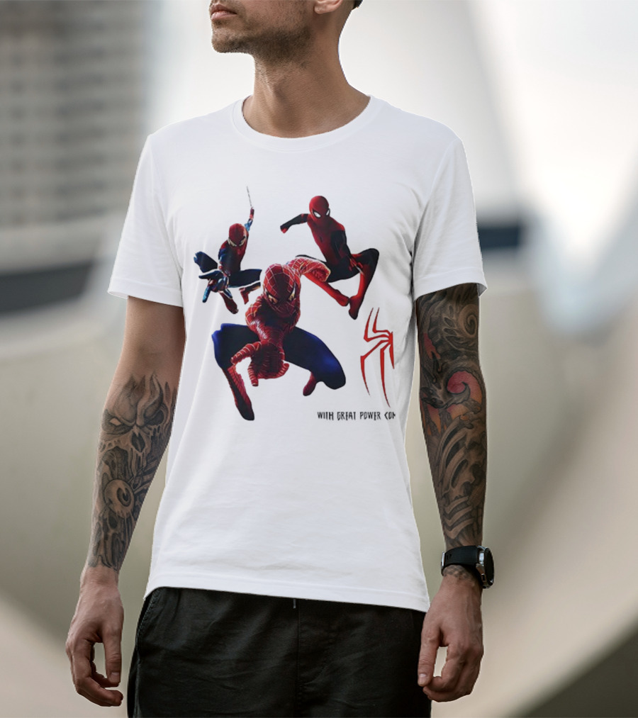 Spider Man Daily Bugle With Great Power Comes Great Responsibility Spider Logo Trio Suit Styles T-Shirt