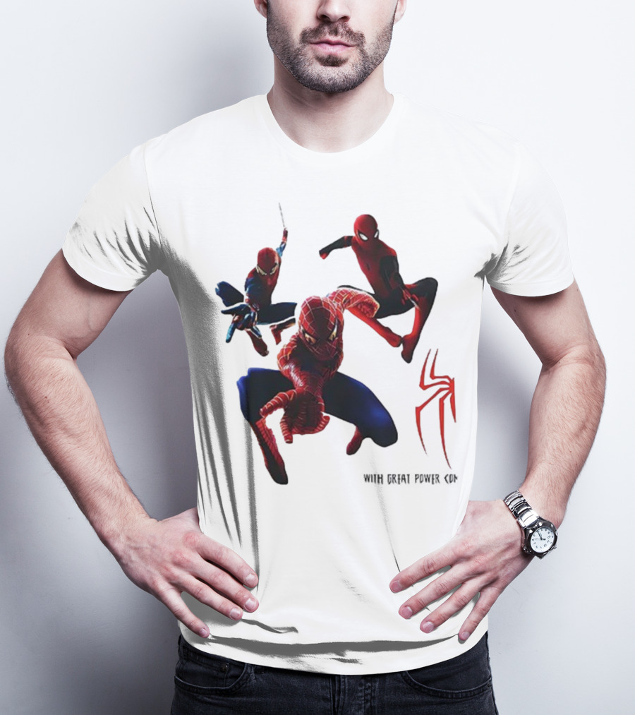 Spider Man Daily Bugle With Great Power Comes Great Responsibility Spider Logo Trio Suit Styles T-Shirt