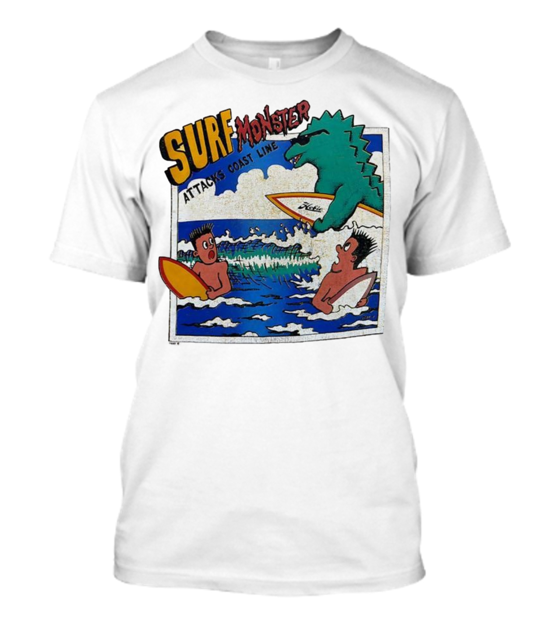 Surf Monster Attacks Coast Line Retro Comic Style Surfing Scene T-Shirt