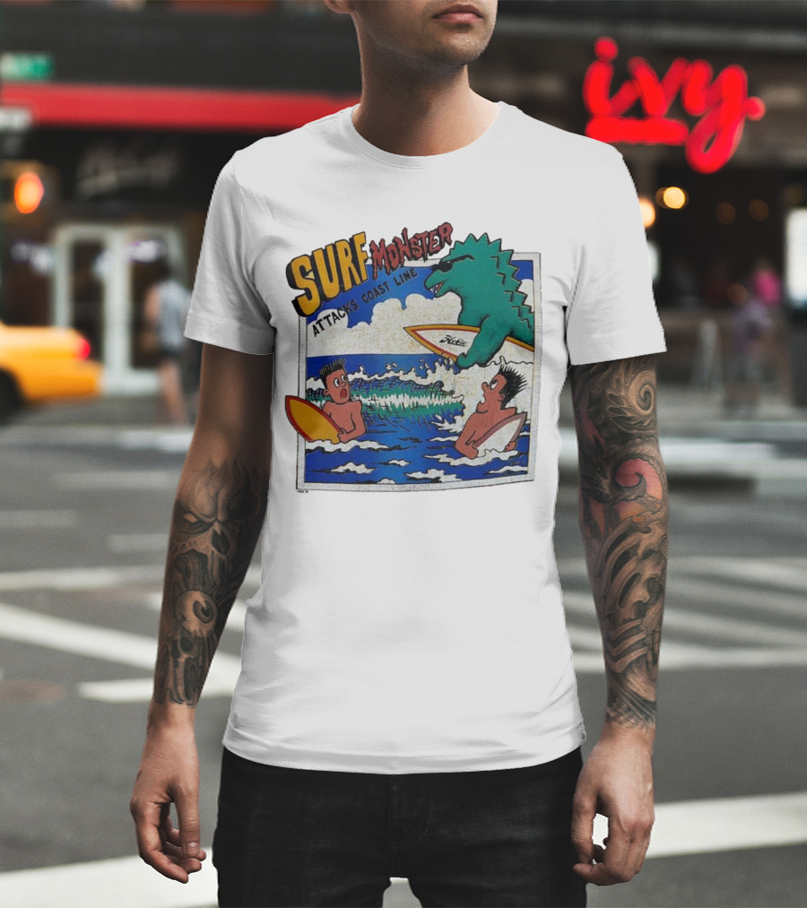 Surf Monster Attacks Coast Line Retro Comic Style Surfing Scene T-Shirt