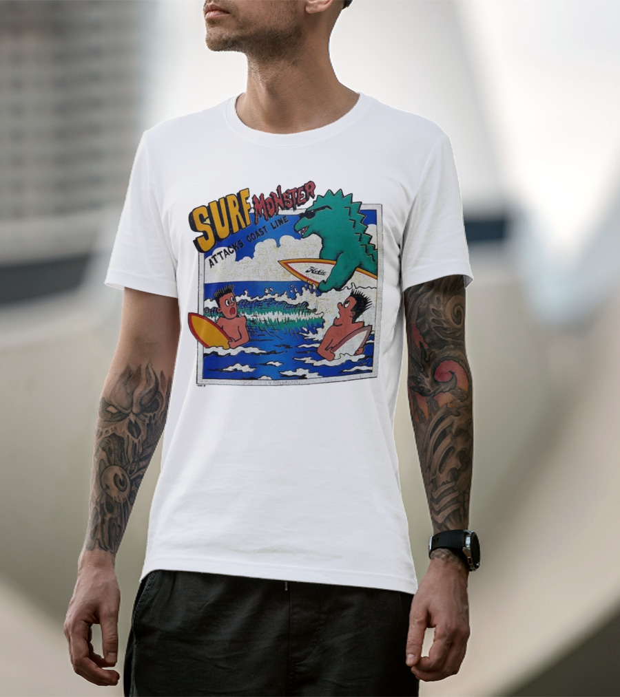 Surf Monster Attacks Coast Line Retro Comic Style Surfing Scene T-Shirt