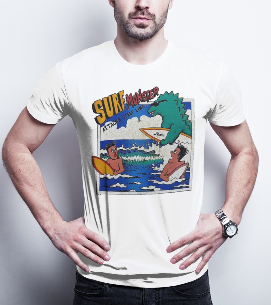 Surf Monster Attacks Coast Line Retro Comic Style Surfing Scene T-Shirt