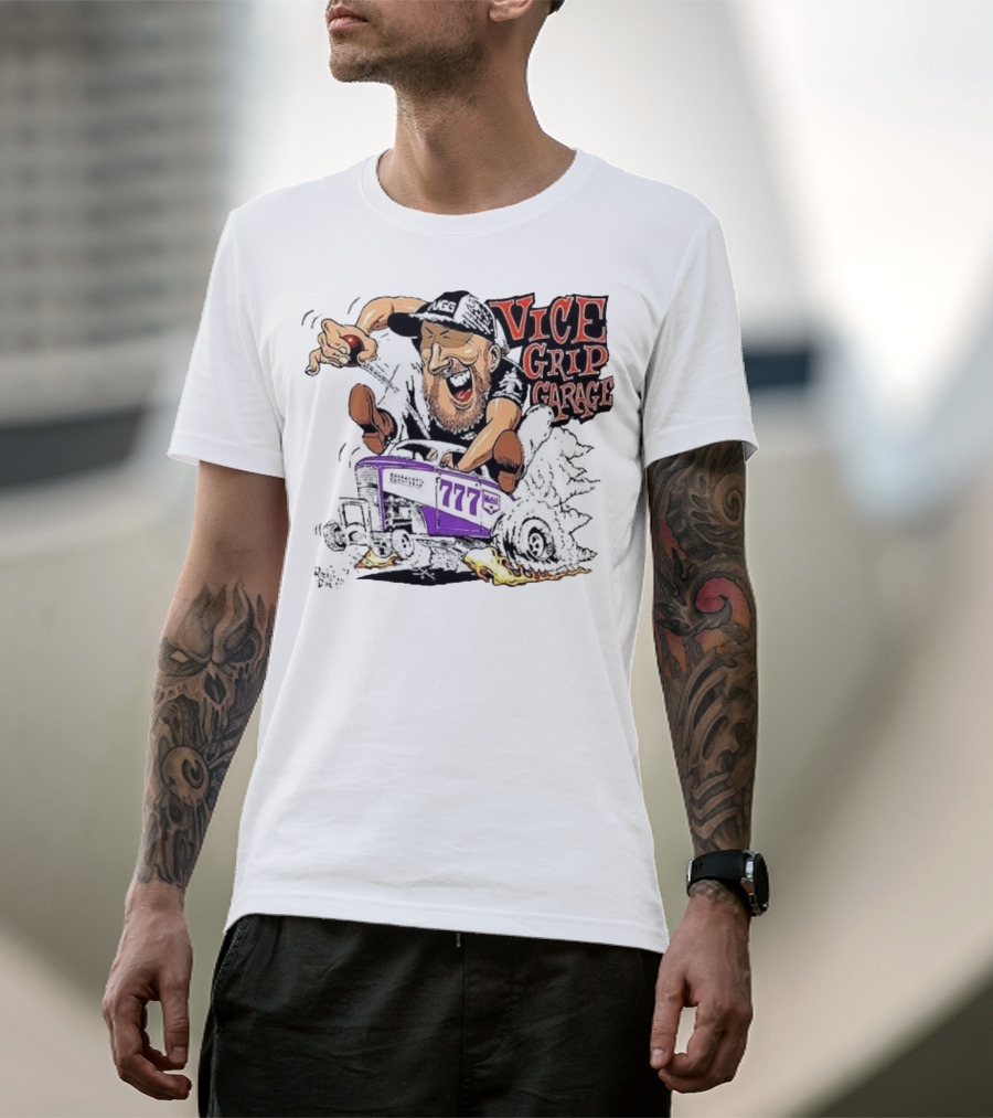 Vice Grip Garage 777 Cartoon Hot Rod Illustration With Bearded Driver And Smoking Tires T-Shirt