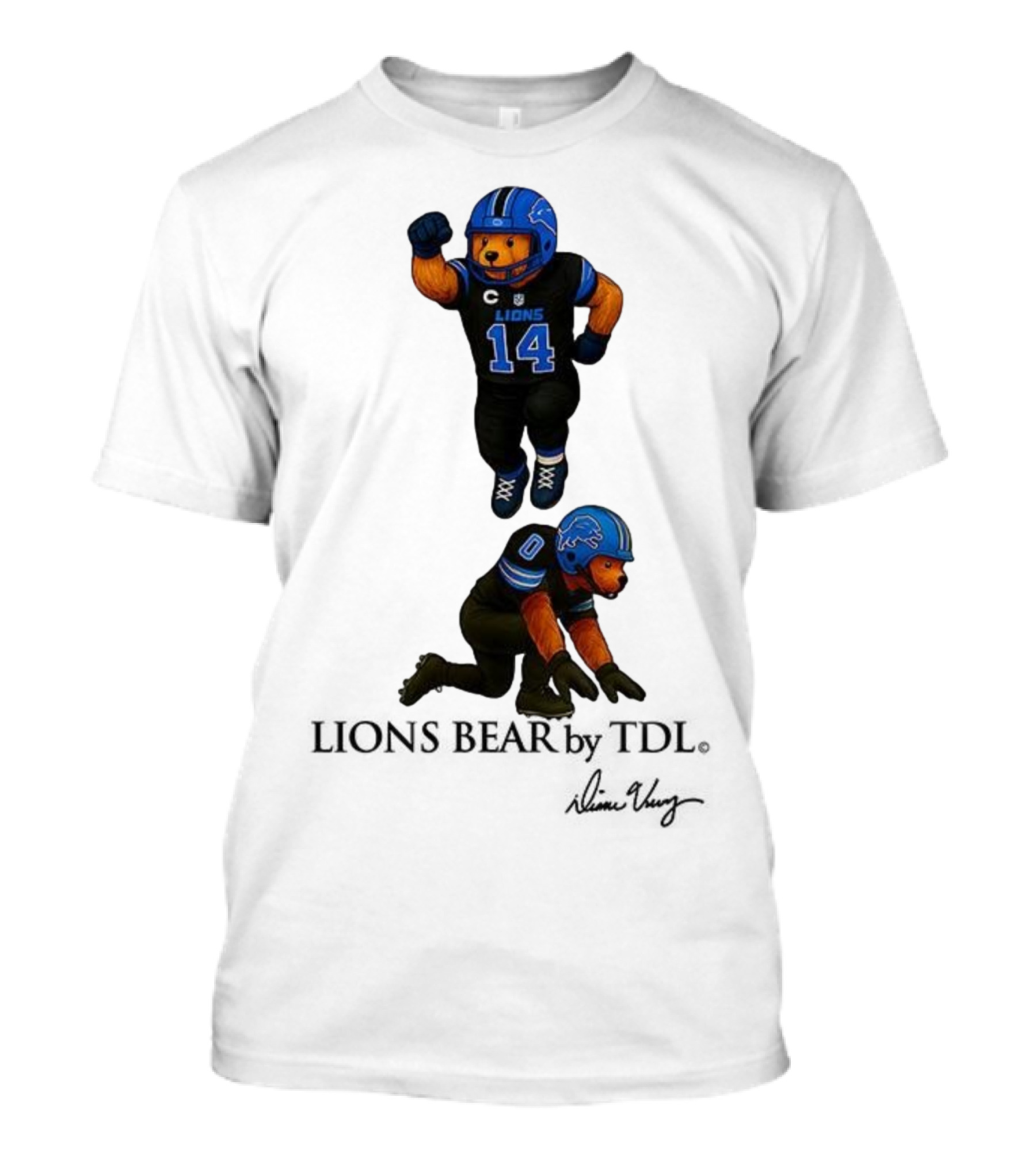 Amon-Ra St. Brown 14 Jahmyr Gibbs 0 Detroit Lions Bear Celebrating Football T-Shirt