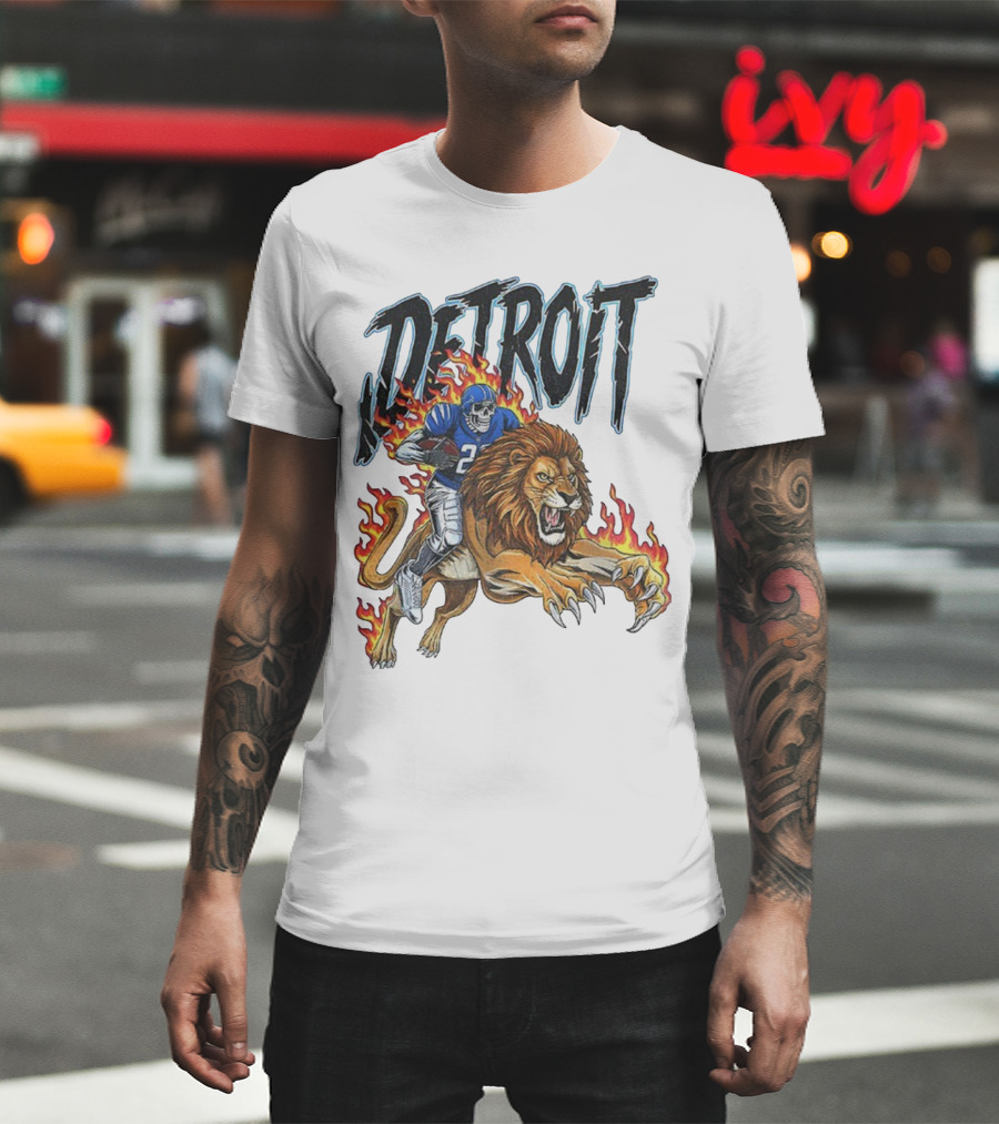 Detroit Lions Vintage Skeleton Riding Flaming Lion Football Game Day T-Shirt