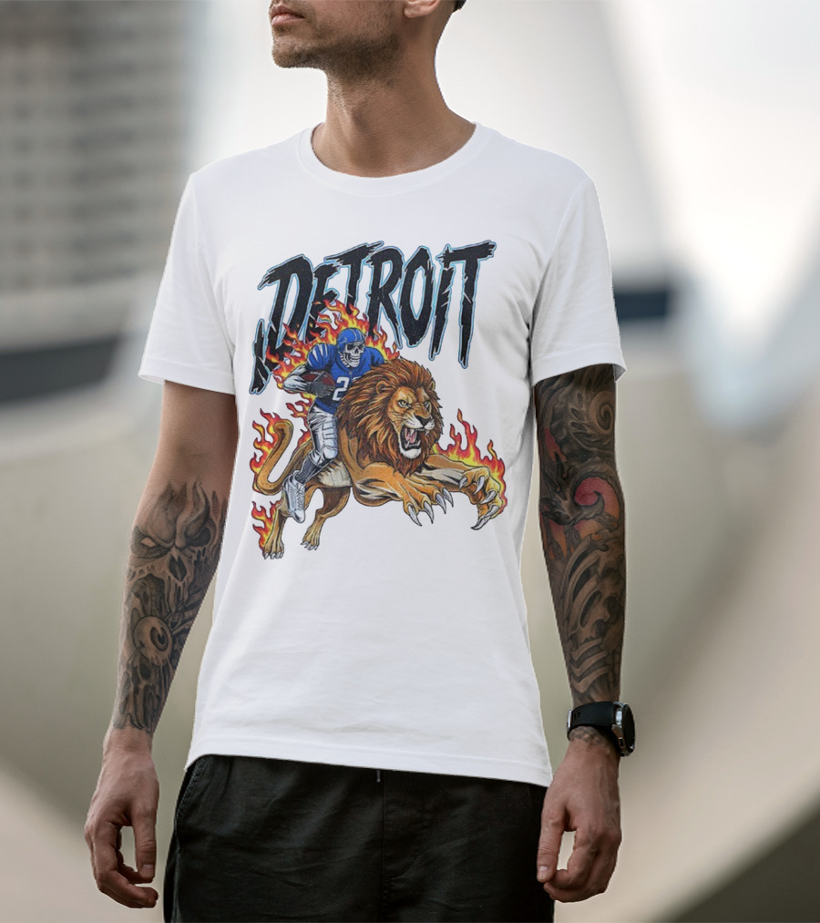 Detroit Lions Vintage Skeleton Riding Flaming Lion Football Game Day T-Shirt