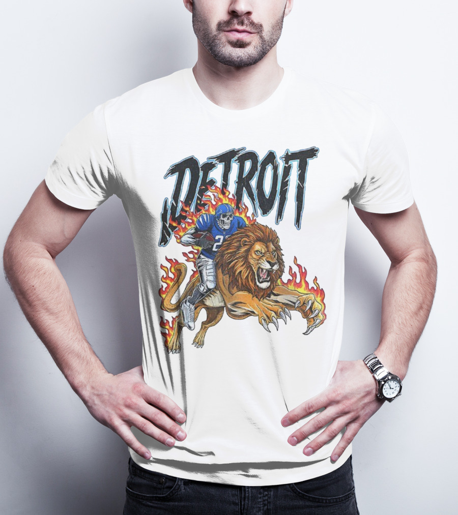 Detroit Lions Vintage Skeleton Riding Flaming Lion Football Game Day T-Shirt
