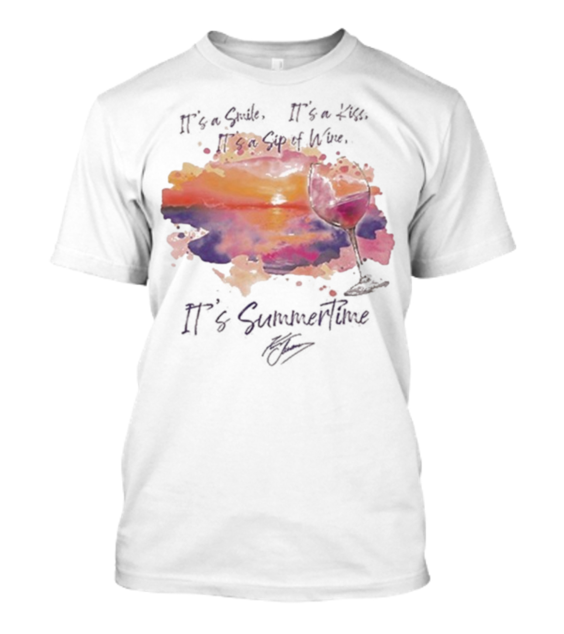 Kenny Chesney It's A Smile It's A Lie It's A Sip Of Wine It's Summertime Flowy Sunset Wine Glass T-Shirt