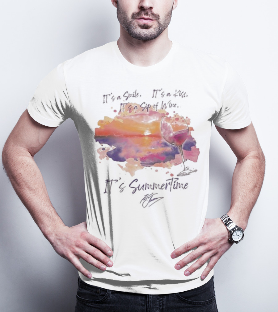Kenny Chesney It's A Smile It's A Lie It's A Sip Of Wine It's Summertime Flowy Sunset Wine Glass T-Shirt