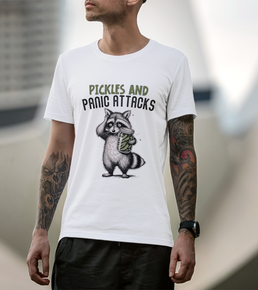 Pickles And Panic Attacks Raccoon Holding Jar Retro Mental Health Awareness T-Shirt