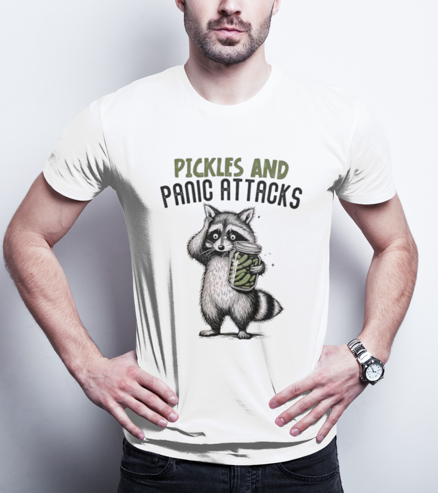 Pickles And Panic Attacks Raccoon Holding Jar Retro Mental Health Awareness T-Shirt