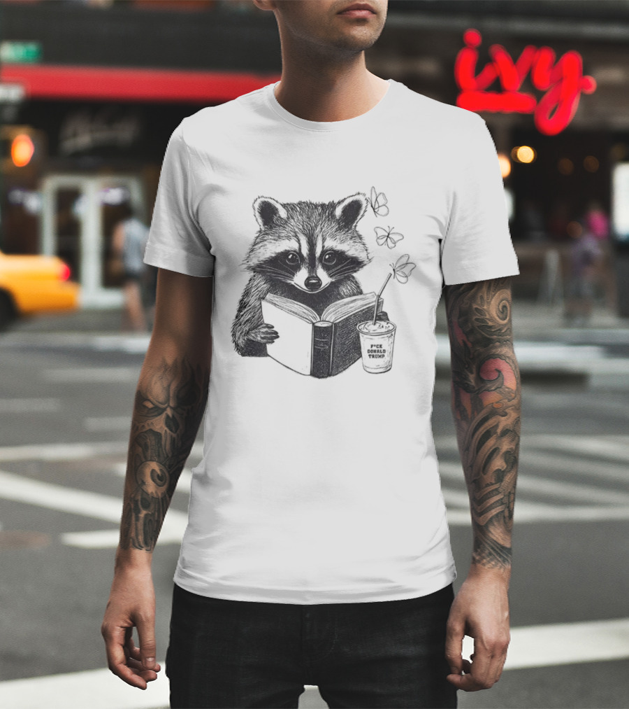 Raccoon Reading Book Coffee Cup Cozy Subtle Anti-Trump T-Shirt