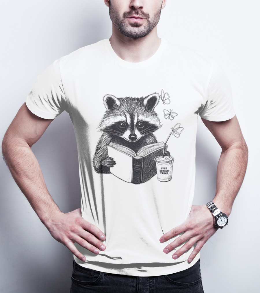 Raccoon Reading Book Coffee Cup Cozy Subtle Anti-Trump T-Shirt