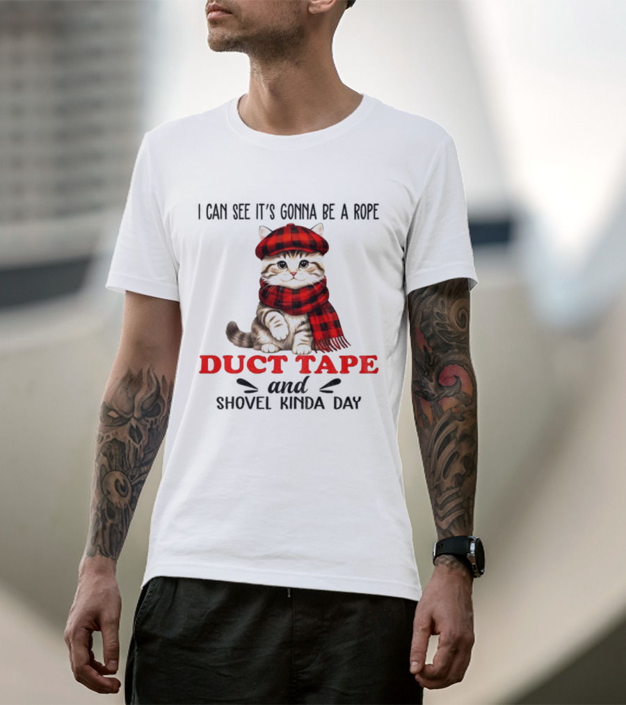 Cat In Red Plaid Hat Duct Tape Christmas T-Shirt