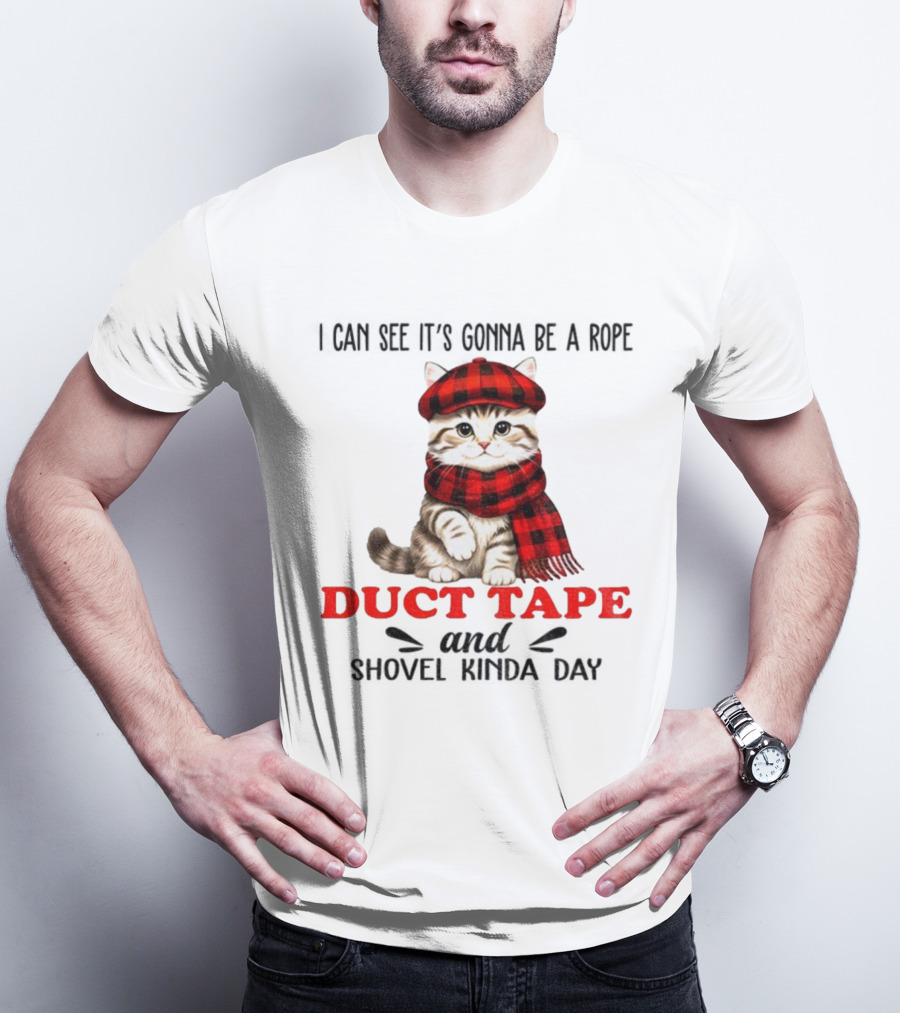 Cat In Red Plaid Hat Duct Tape Christmas T-Shirt