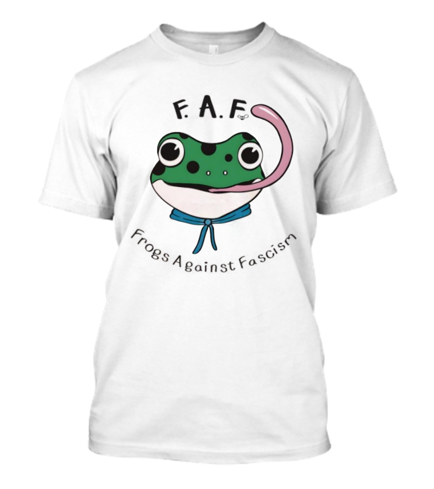 F.A.F Frogs Against Fascism Playful Green Frog With Tongue And Blue Scarf T-Shirt