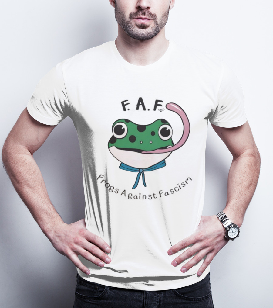 F.A.F Frogs Against Fascism Playful Green Frog With Tongue And Blue Scarf T-Shirt