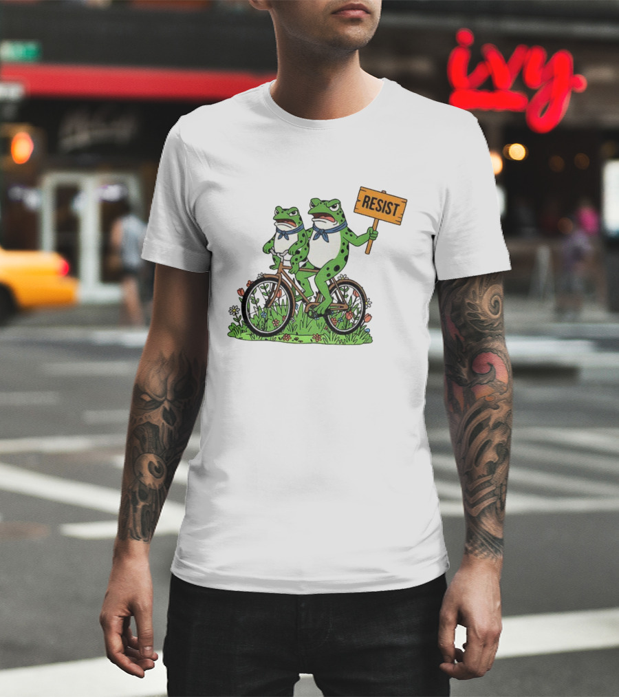 Frog On Bike Resist Protest Sign Portland Garden Scene T-Shirt