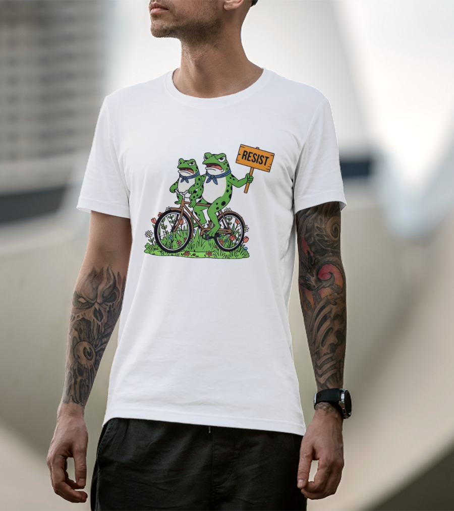 Frog On Bike Resist Protest Sign Portland Garden Scene T-Shirt