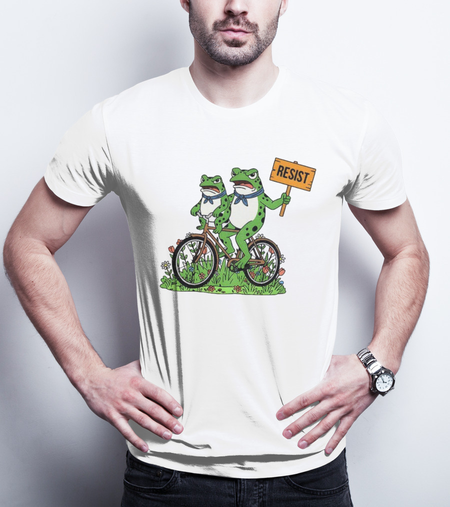 Frog On Bike Resist Protest Sign Portland Garden Scene T-Shirt