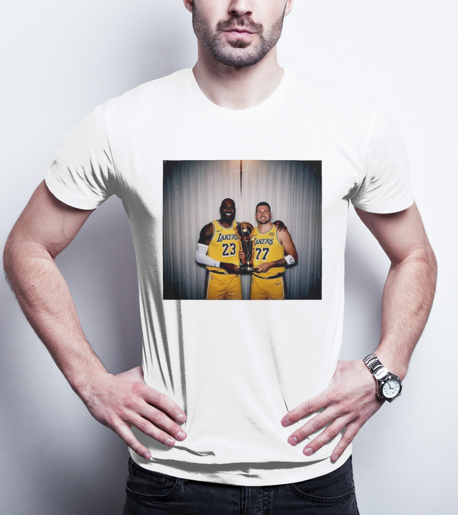 Los Angeles Lakers LeBron James Luka Dončić Holding Trophy June 2026 T-Shirt