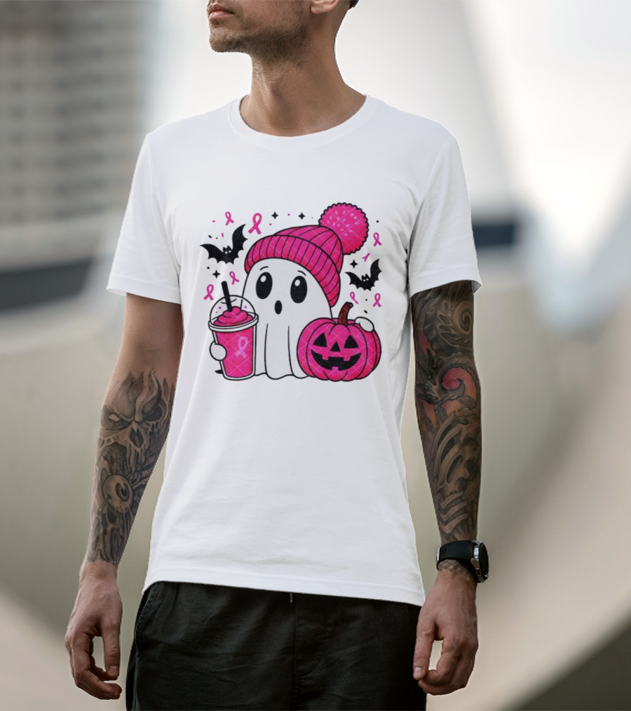 Spooky Ghost Pink Pumpkin Breast Cancer Awareness With Ribbon In October We Wear Pink T-Shirt